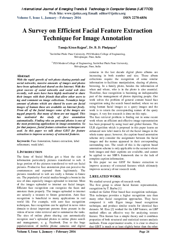 Pdf A Survey On Efficient Facial Feature Extraction Technique For Image Annotation