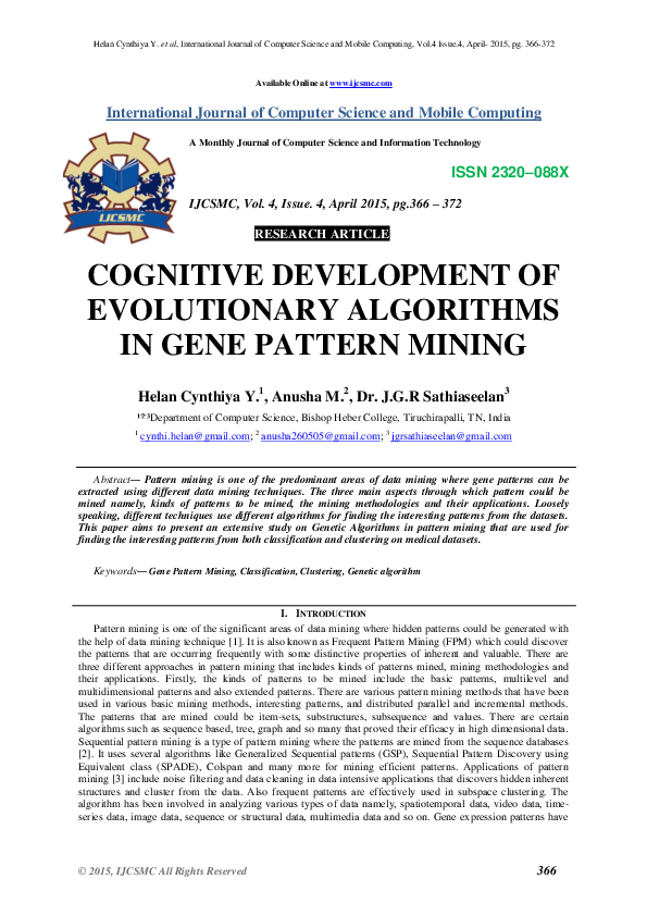 (PDF) Cognitive Development of Evolutionary Algorithms in Gene Pattern ...