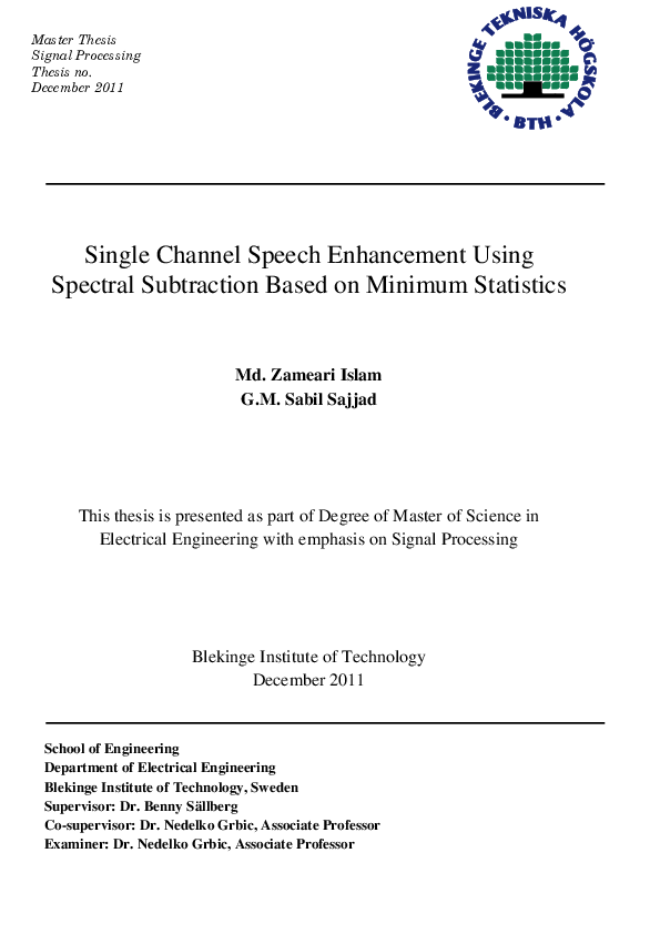 (PDF) Single Channel Speech Enhancement Using Spectral Subtraction Based on Minimum Statistics