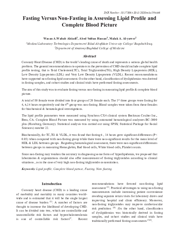 (PDF) Fasting Versus Non-Fasting in Assessing Lipid Profile and ...