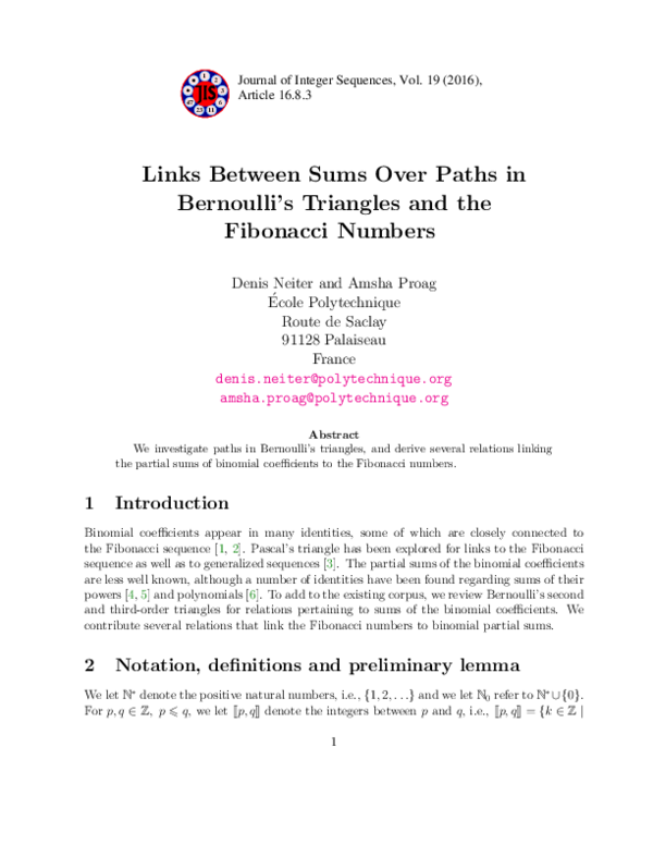 (PDF) Links Between Sums Over Paths in Bernoulli's Triangles and the Fibonacci Numbers