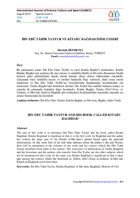 (PDF) Ibn Ebu Tahir Tayfur and His Book Called Kitabu Baghdad