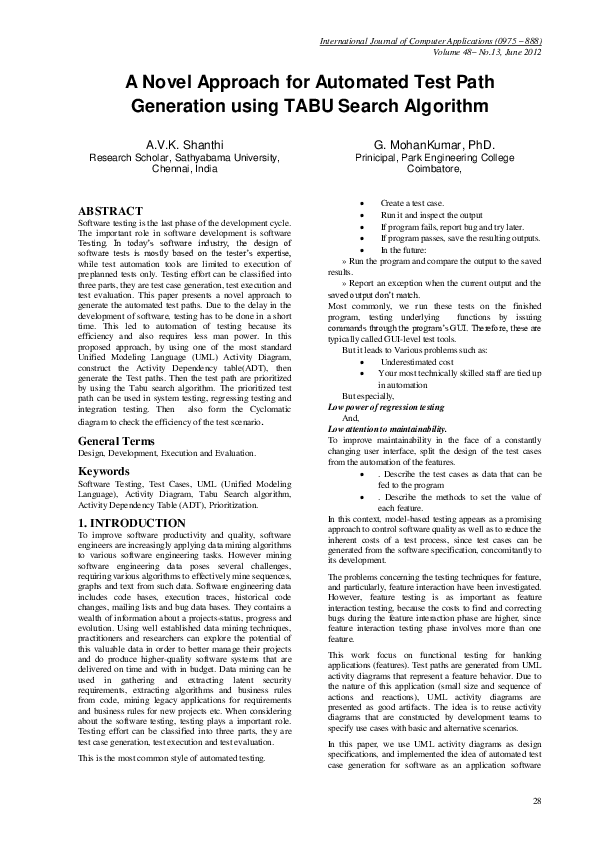 Pdf A Novel Approach For Automated Test Path Generation Using Tabu Search Algorithm 0862