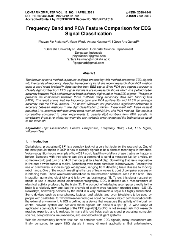 (PDF) Frequency Band and PCA Feature Comparison for EEG Signal ...