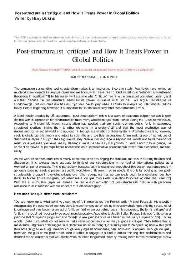 (PDF) Post-structuralist ‘critique’ and How It Treats Power in Global ...