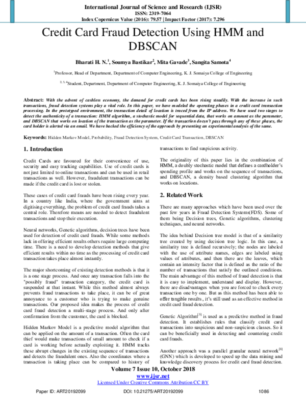 (PDF) Credit Card Fraud Detection Using HMM and DBSCAN