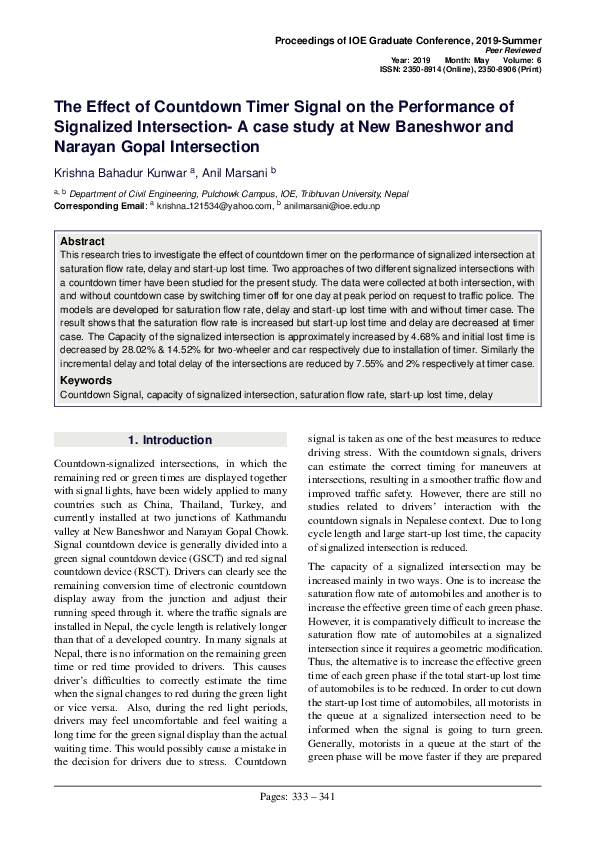 (PDF) The Effect of Countdown Timer Signal on the Performance of Signalized Intersection- A case ...