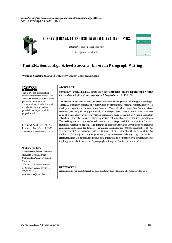 (PDF) Thai EFL Senior High School Students' Errors in Paragraph Writing