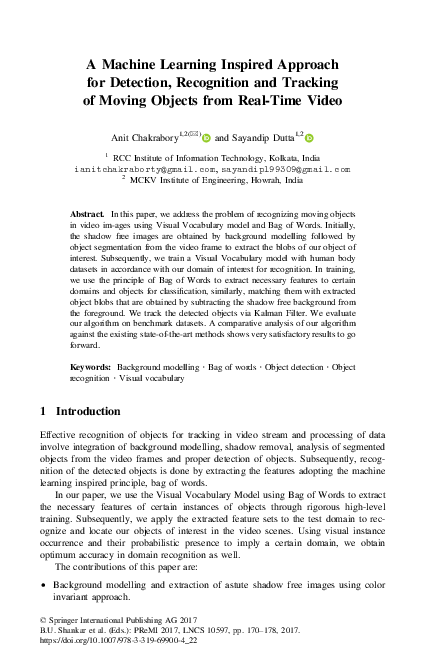Pdf A Machine Learning Inspired Approach For Detection Recognition And Tracking Of Moving