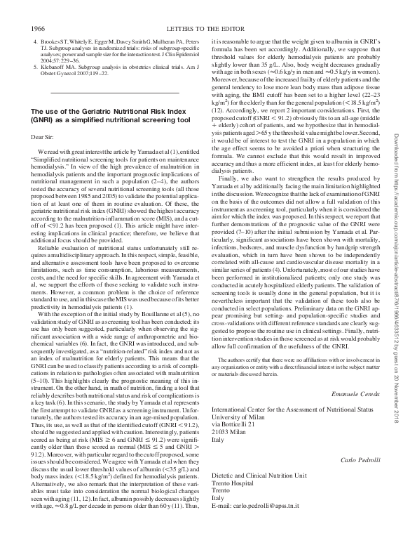 (PDF) The use of the Geriatric Nutritional Risk Index (GNRI) as a ...
