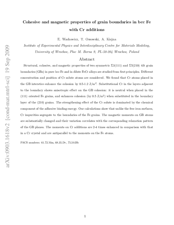 (PDF) Cohesive and magnetic properties of grain boundaries in bcc Fe with Cr additions