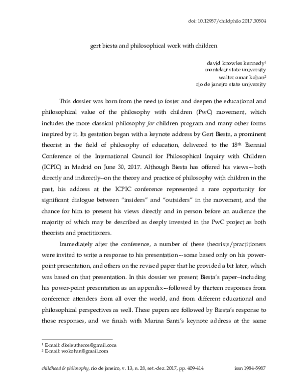 (PDF) Gert Biesta and Philosophical Work with Children