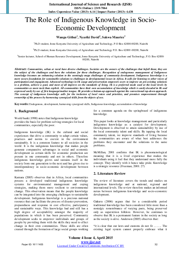 (PDF) The Role of Indigenous Knowledge in Socio-Economic Development