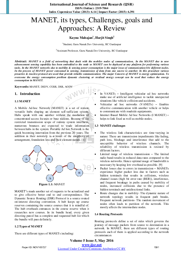 (PDF) MANET, its types, Challenges, goals and Approaches: A Review