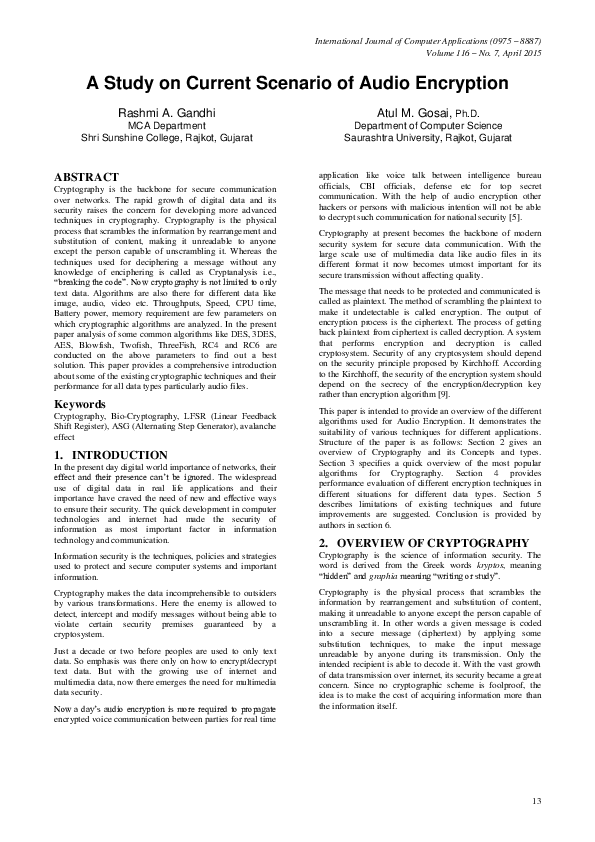 (PDF) A Study on Current Scenario of Audio Encryption
