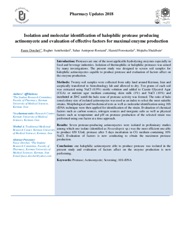 (PDF) Isolation and molecular identification of halophilic protease producing actinomycete and ...
