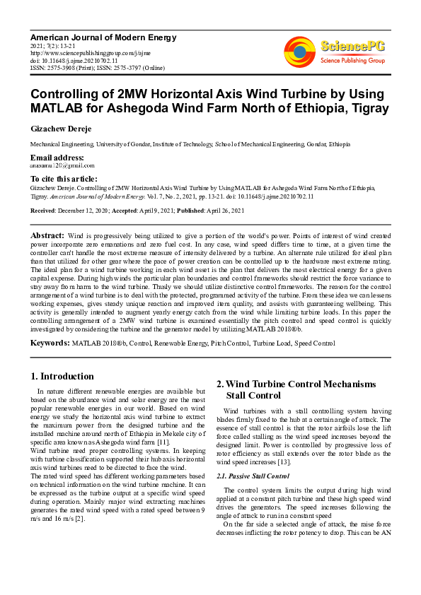 Pdf Controlling Of 2mw Horizontal Axis Wind Turbine By Using Matlab For Ashegoda Wind Farm