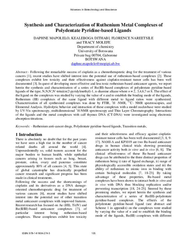 (PDF) Synthesis and Characterization of Ruthenium Metal Complexes of ...