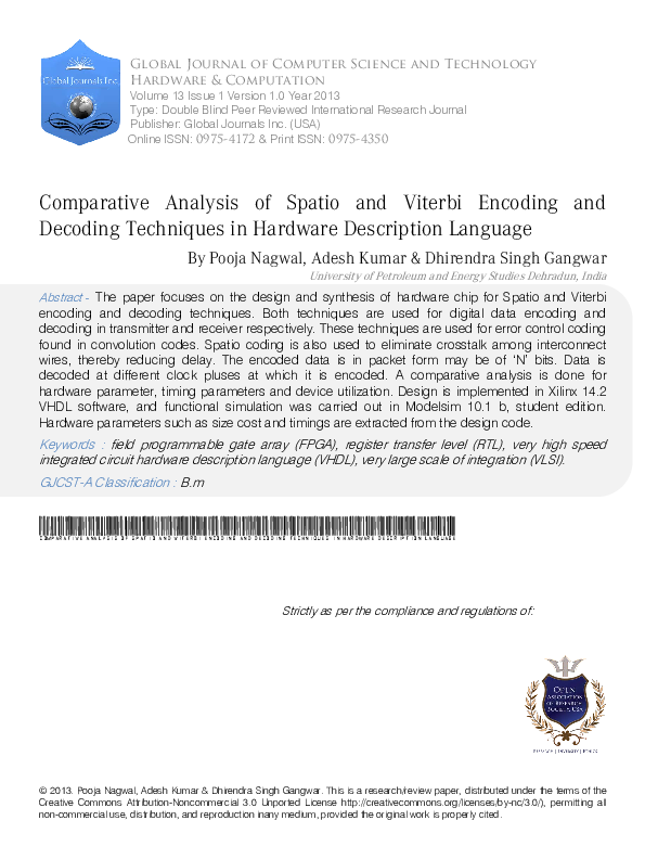 (PDF) Comparative Analysis of Spatio and Viterbi Encoding and Decoding Techniques in Hardware ...