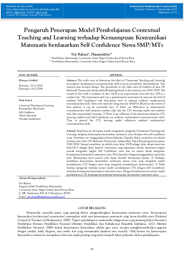 (PDF) Pengaruh Penerapan Model Pembelajaran Contextual Teaching and Learning terhadap Kemampuan ...