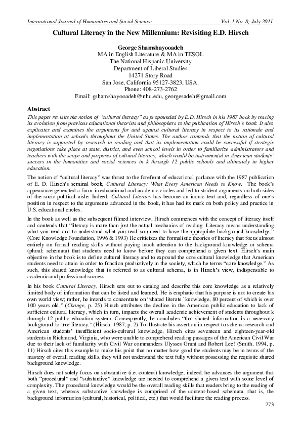 (PDF) Cultural Literacy in the New Millennium: Revisiting E.D. Hirsch