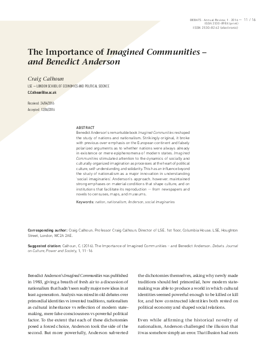 (PDF) The Importance of Imagined Communities – and Benedict Anderson