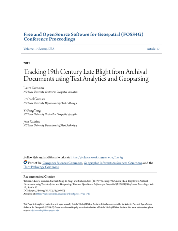 (PDF) Tracking 19th Century Late Blight from Archival Documents using Text Analytics and Geoparsing