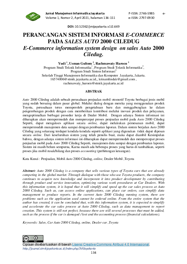 (PDF) Perancangan Sistem Informasi E-Commerce Pada Sales Auto 2000 Ciledug