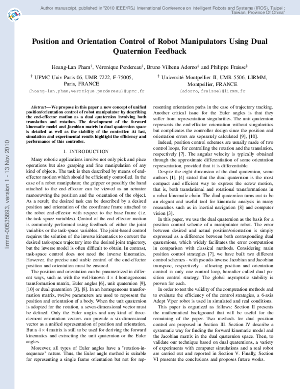 (PDF) Position and orientation control of robot manipulators using dual quaternion feedback