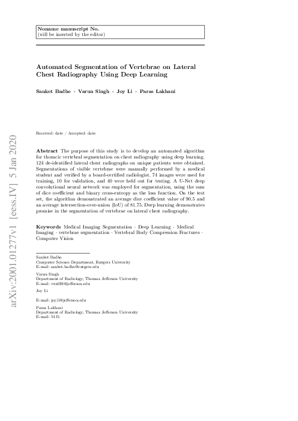 (PDF) Automated Segmentation of Vertebrae on Lateral Chest Radiography Using Deep Learning