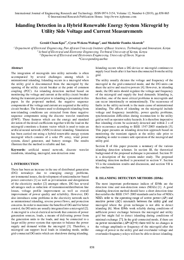 Pdf Islanding Detection In A Hybrid Renewable Energy System Microgrid By Utility Side Voltage