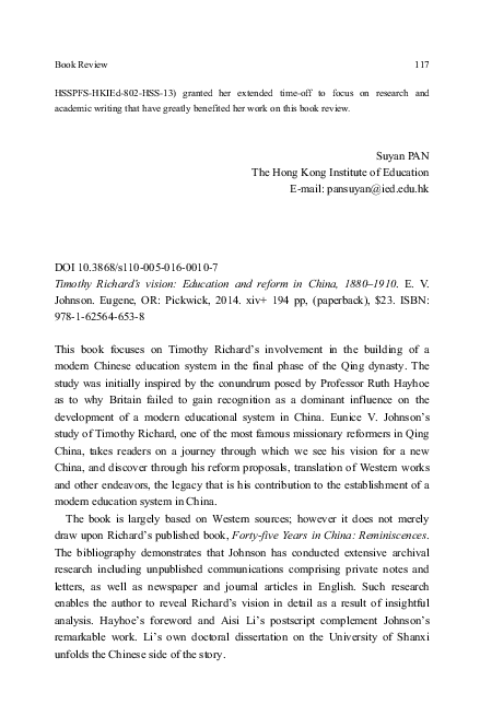 (PDF) Timothy Richard's Vision: Education and Reform in China, 1880-1910
