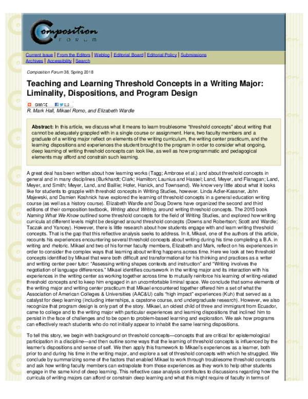 (PDF) Teaching and Learning Threshold Concepts in a Writing Major: Liminality, Dispositions, and ...