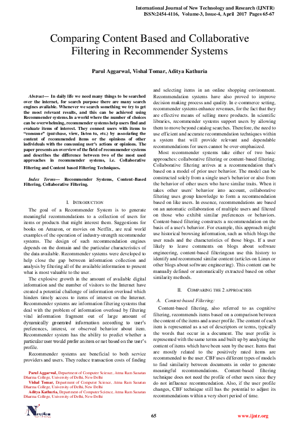 (PDF) Comparing Content Based and Collaborative Filtering in ...