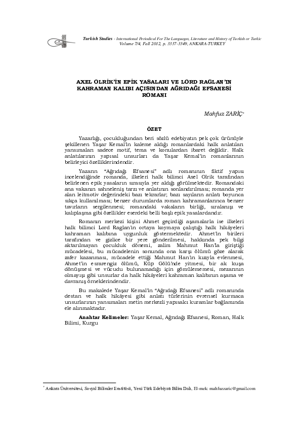 (PDF) The Novel Ağrıdağı Efsanesi in Terms of ‘Epic Laws by Axel Olrik ...
