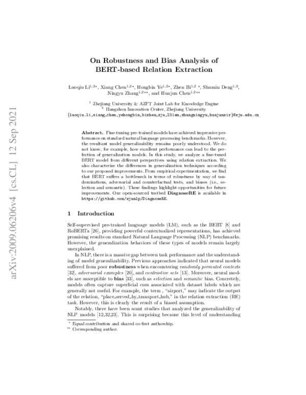 Pdf On Robustness And Bias Analysis Of Bert Based Relation Extraction