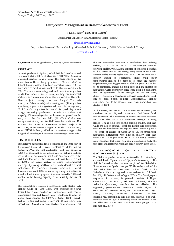 (PDF) Reinjection Management in Balcova Geothermal Field