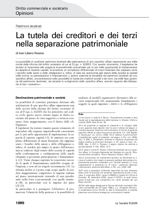 (PDF) La tutela dei creditori e dei terzi nella separazione patrimoniale