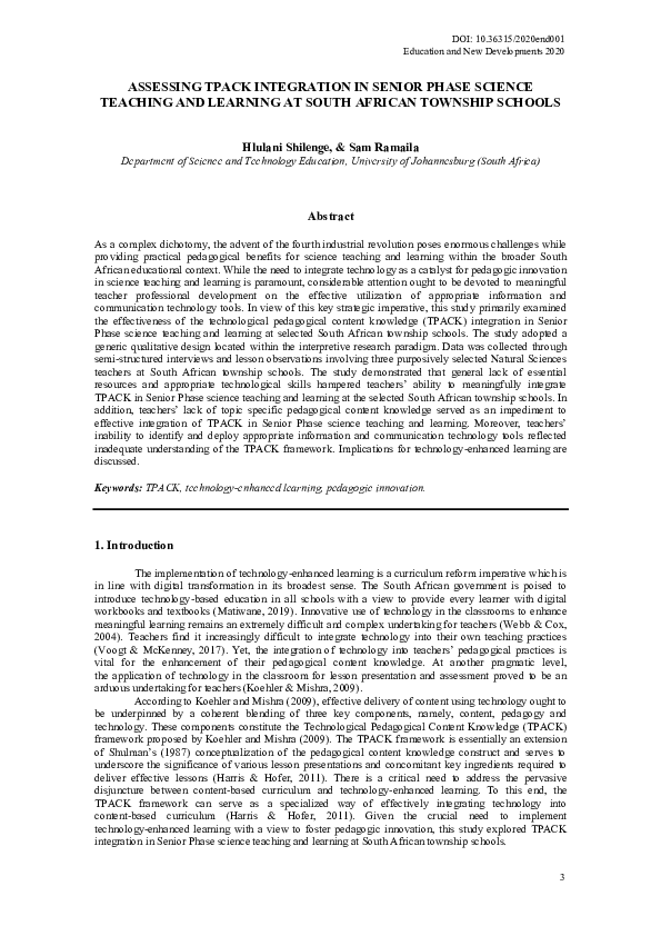 (PDF) Assessing Tpack Integration in Senior Phase Science Teaching and ...