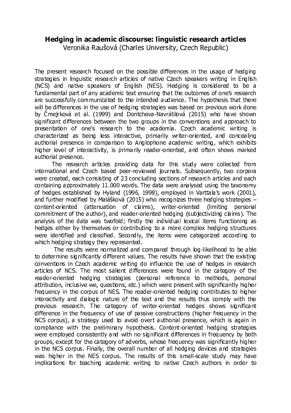 (PDF) Hedging" in academic discourse: linguistic research articles