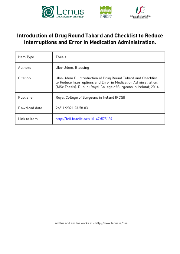 (PDF) Introduction of Drug Round Tabard and Checklist to Reduce Interruptions and Error in ...
