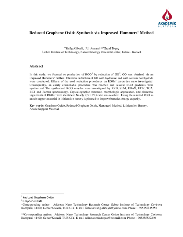 (PDF) Reduced Graphene Oxide Synthesis via Improved Hummers’ Method