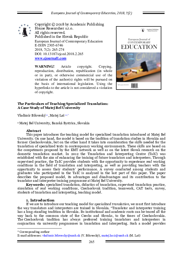 (PDF) The Particulars of Teaching Specialized Translation: A Case Study of Matej Bel University
