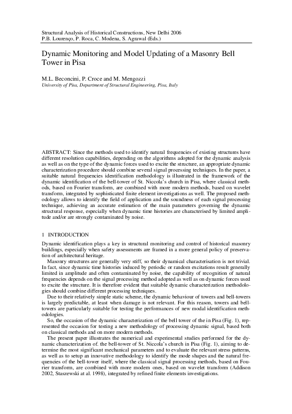 Pdf Dynamic Monitoring And Model Updating Of A Masonry Bell Tower In Pisa Massimo Mengozzi
