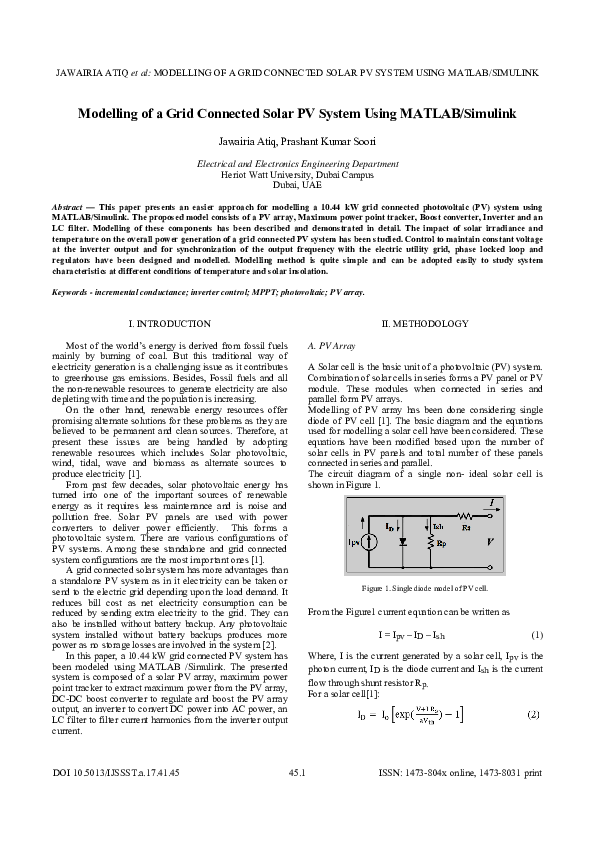 (PDF) JAWAIRIA ATIQ et al: MODELLING OF A GRID CONNECTED SOLAR PV SYSTEM USING MATLAB/SIMULINK