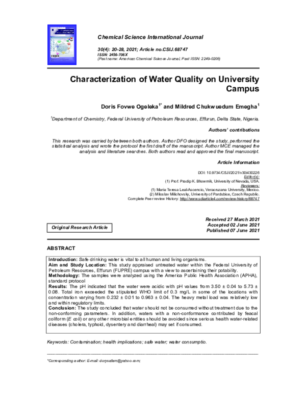 (PDF) Characterization of Water Quality on University Campus