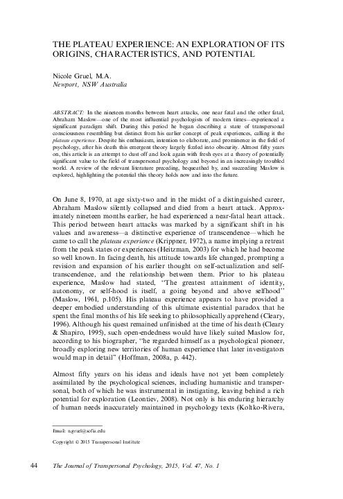 (PDF) The Plateau Experience : An Exploration of Its Origins ...