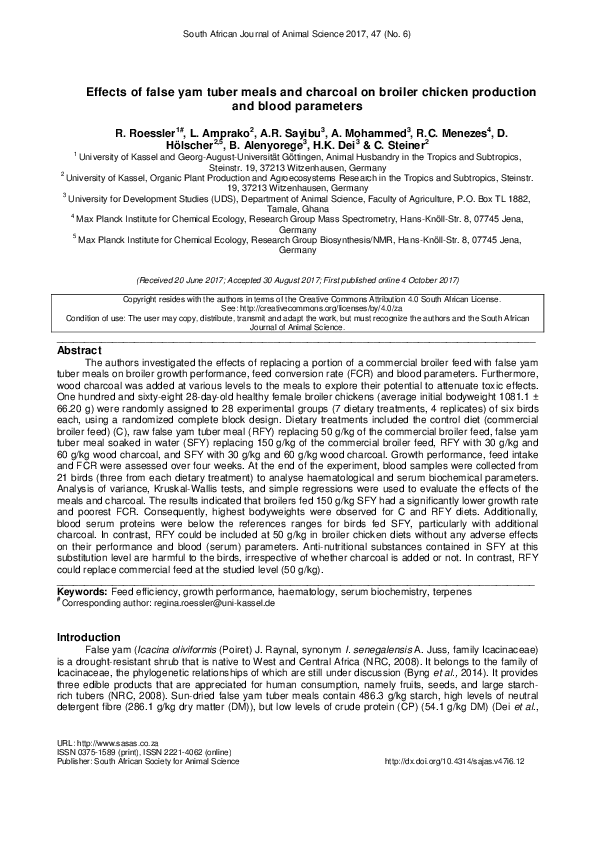 (PDF) Effects of false yam tuber meals and charcoal on broiler chicken ...