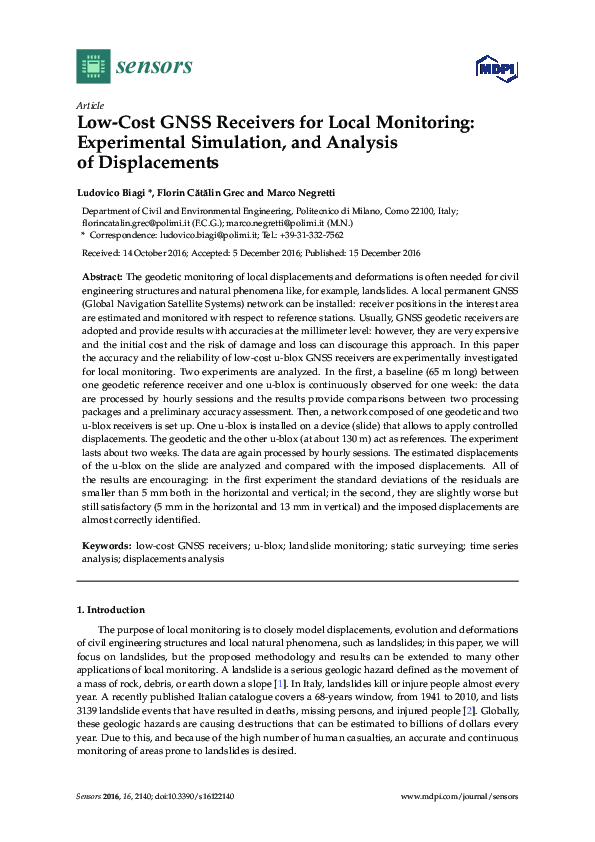 Pdf Low Cost Gnss Receivers For Local Monitoring Experimental Simulation And Analysis Of
