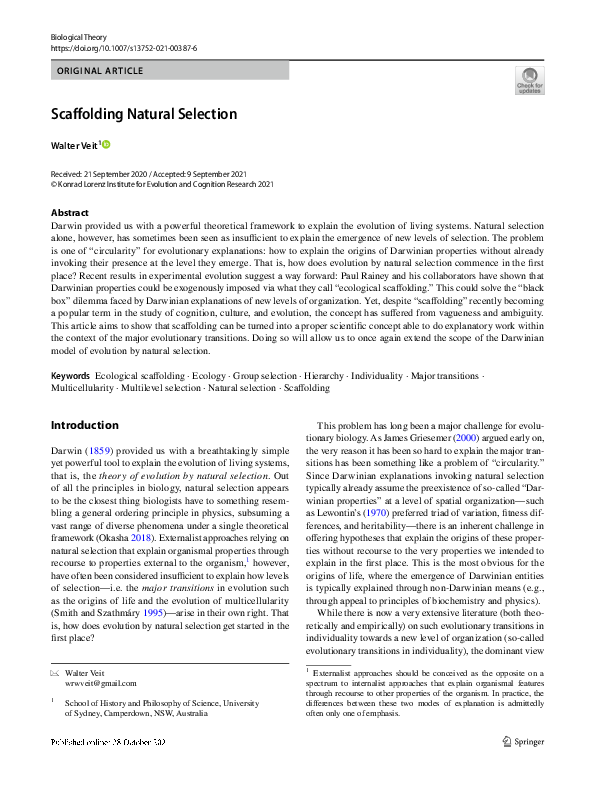 (PDF) Scaffolding Natural Selection | Walter Veit - Academia.edu